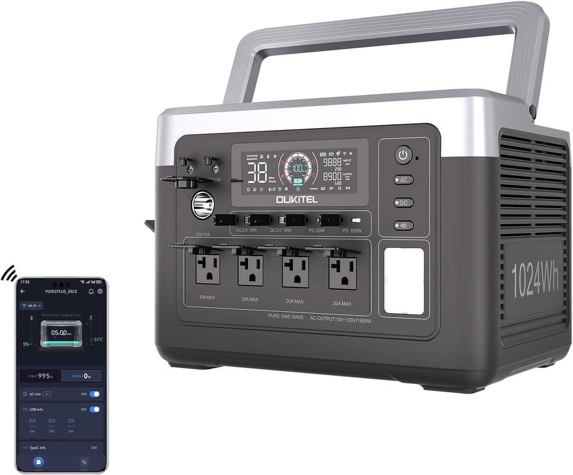 OUKITEL P1000 Plus Portable Power Station 1800W/1024Wh, 1200W Fast ...