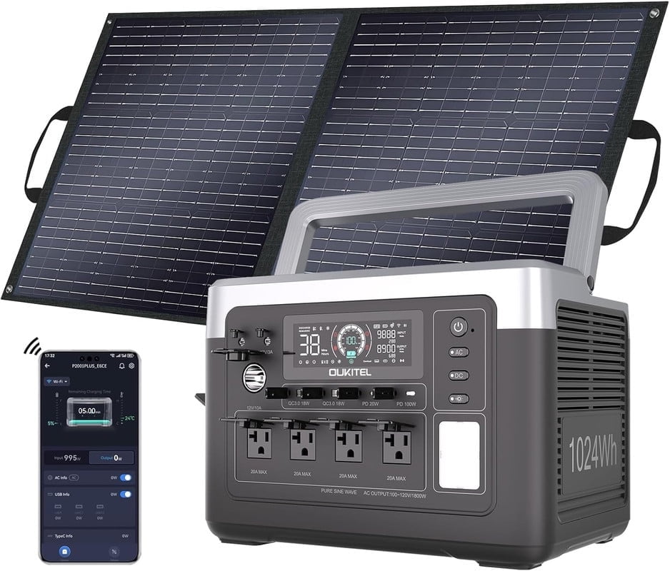 OUKITEL P1000 Plus Solar Generator 1024Wh with 100W Solar Panel, 1800W ...
