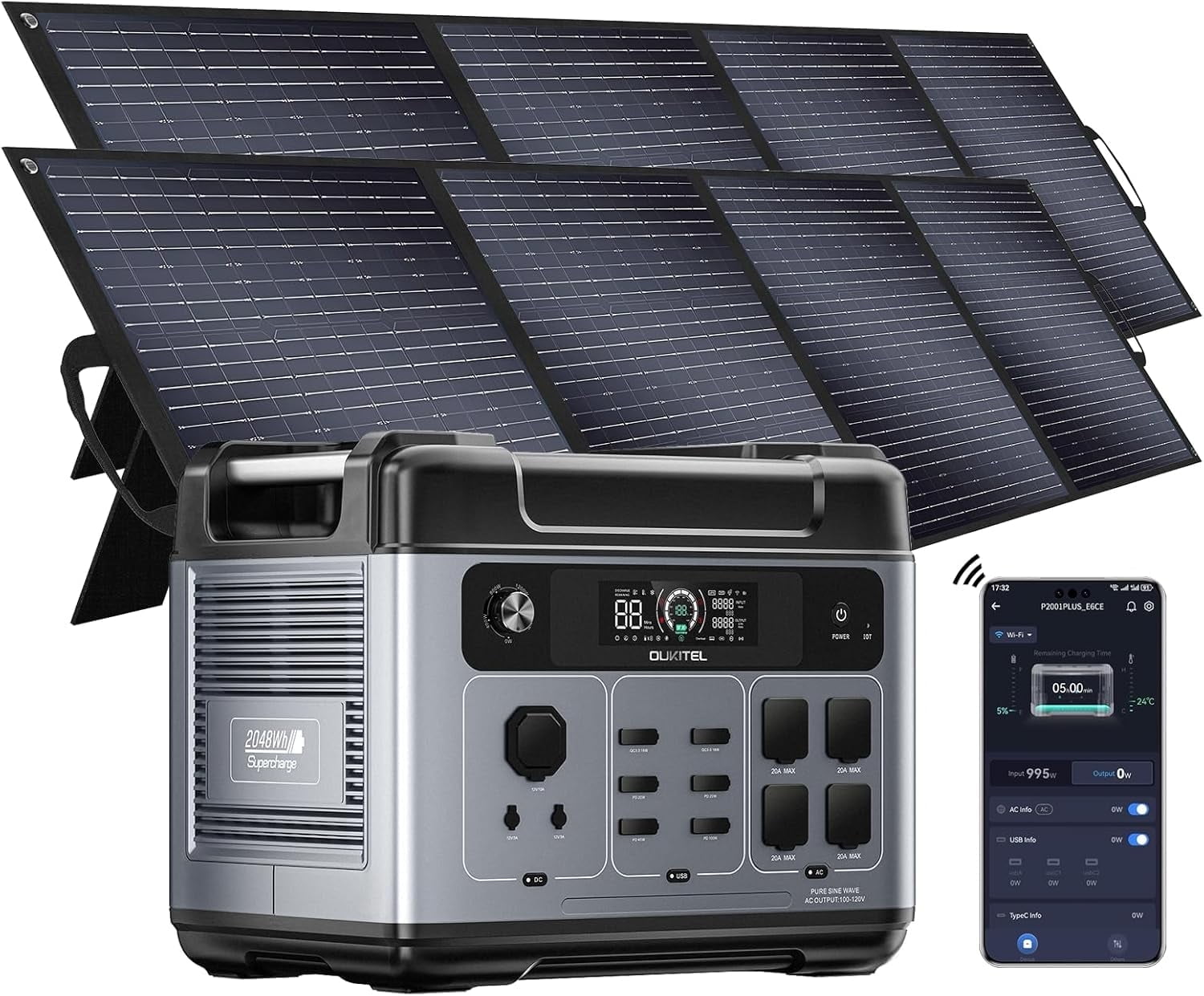 OUKITEL P2001 Plus Solar Generator 2400W with 2×200W Panels, 2048Wh ...
