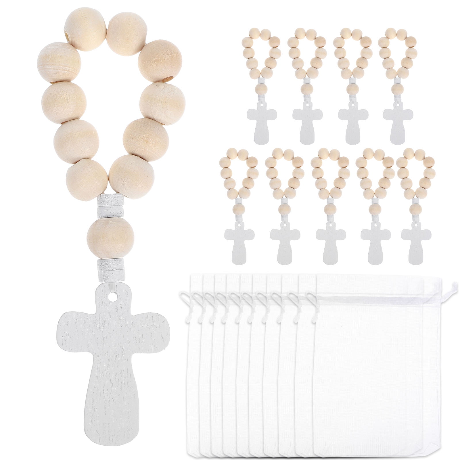 OULII 10 Sets Wooden Bead Rosary Set With Mesh Storage Bag For Baptism ...