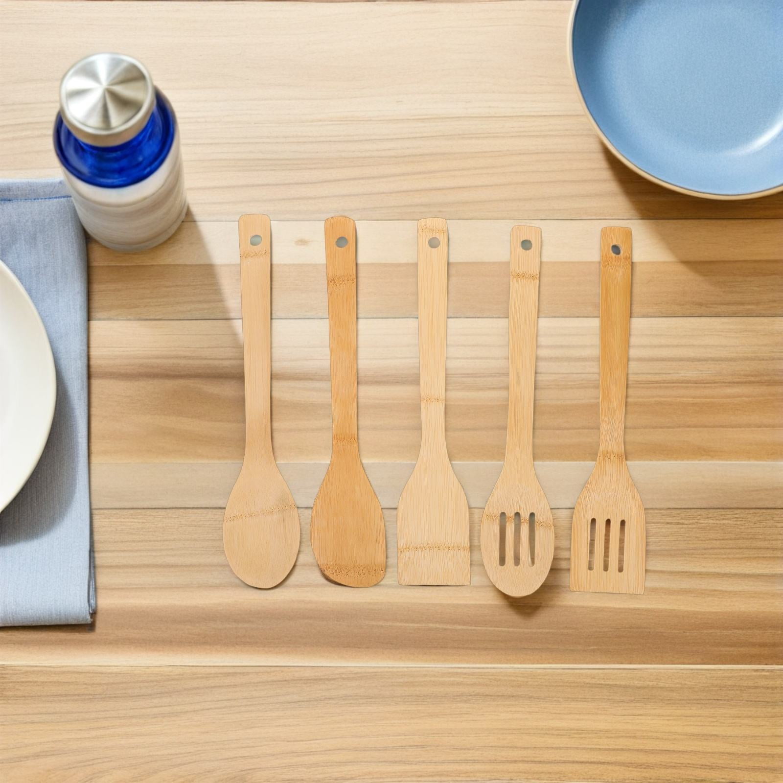 OULII 15Pcs Bamboo Kitchen Utensils Set Heat Resistant Spoon Light ...