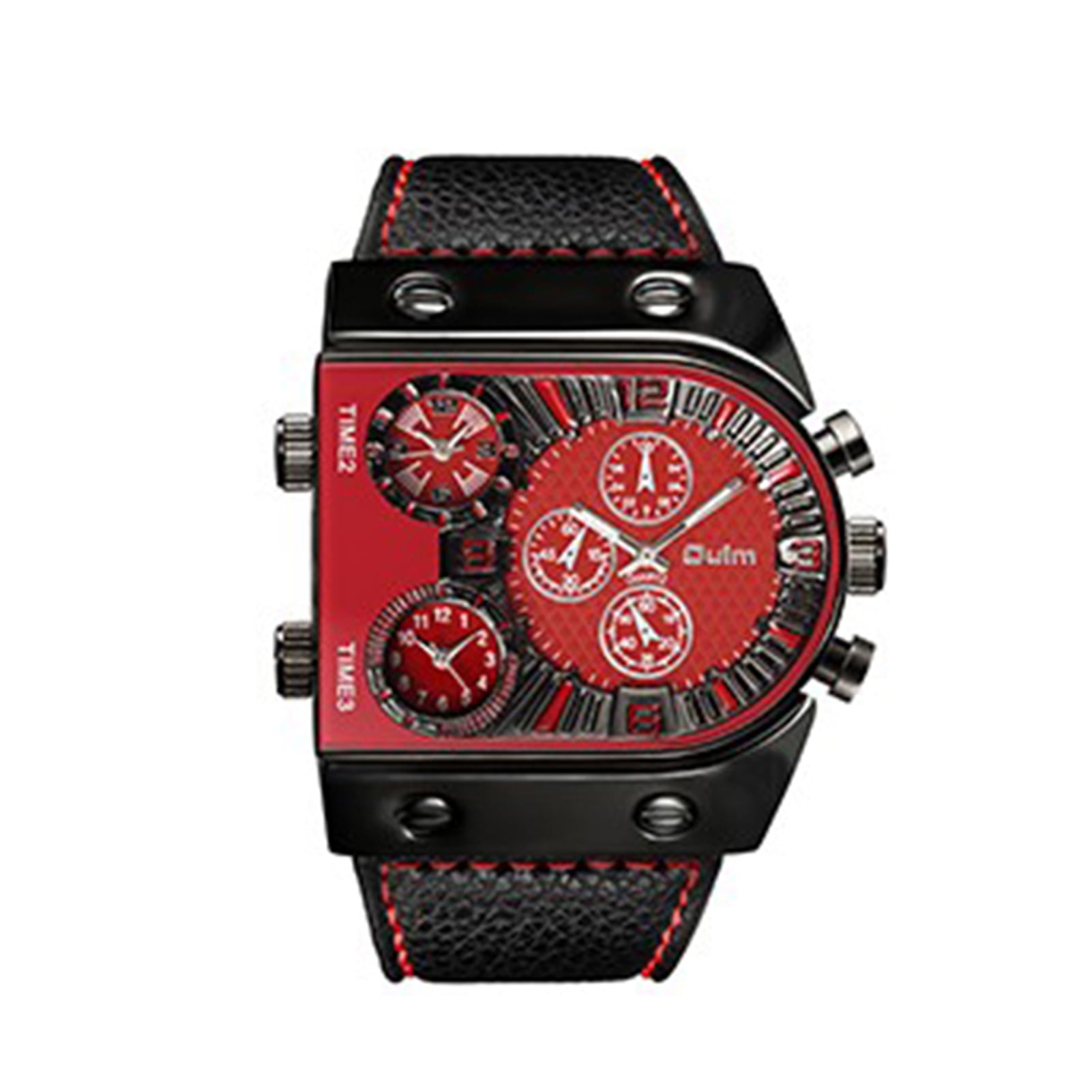 OULM Men Three Time Zones Leather Band Quartz Watch Cool Big Dial ...
