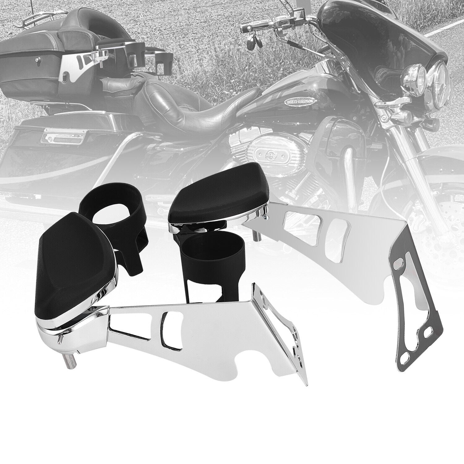 OUMURS Rear Passenger Arm Rest w/ Drink Holder For Harley Touring Road ...