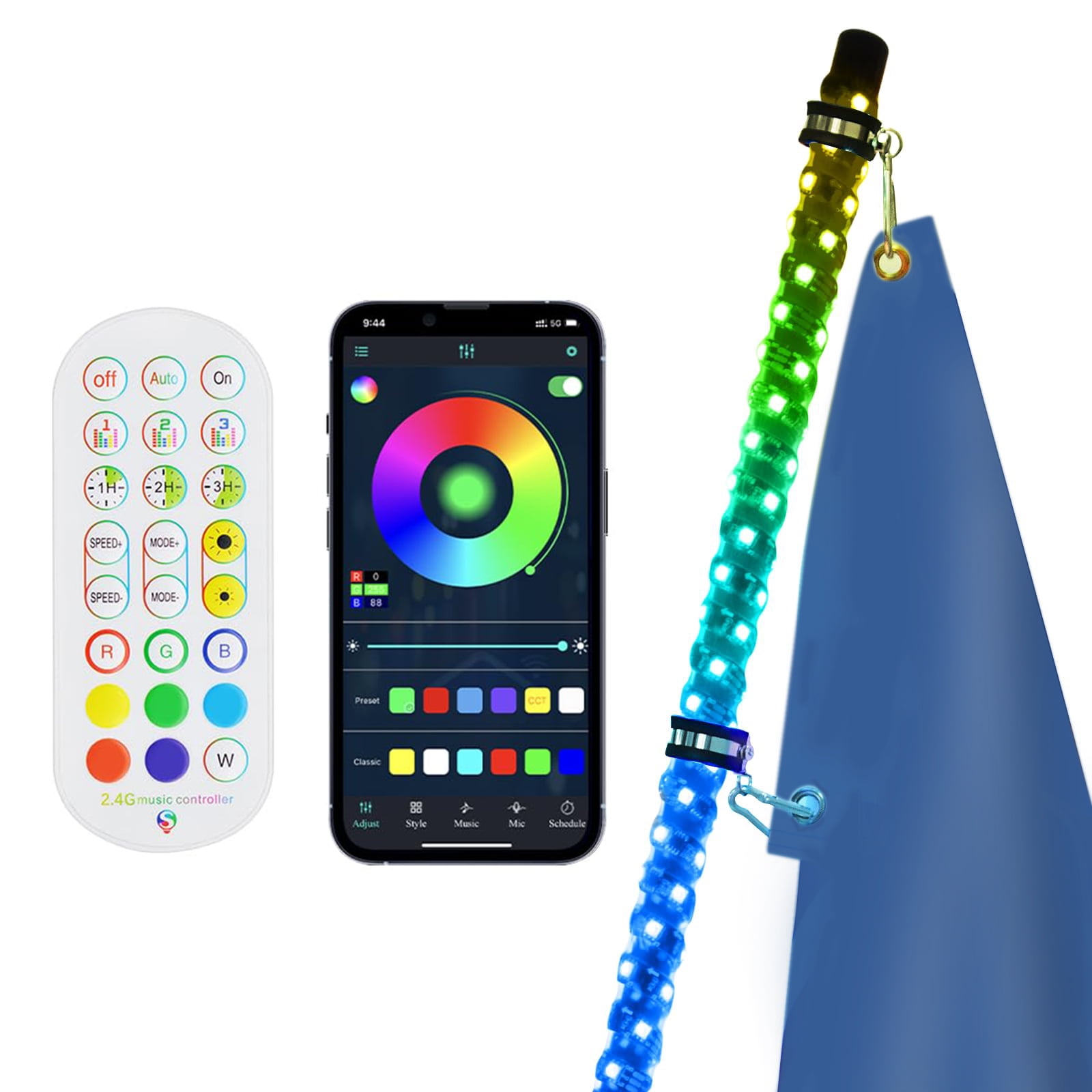 OUNAMIO 2FT Spiral RGB Led Whip Light w/RGB Chasing/Dancing Light RF ...