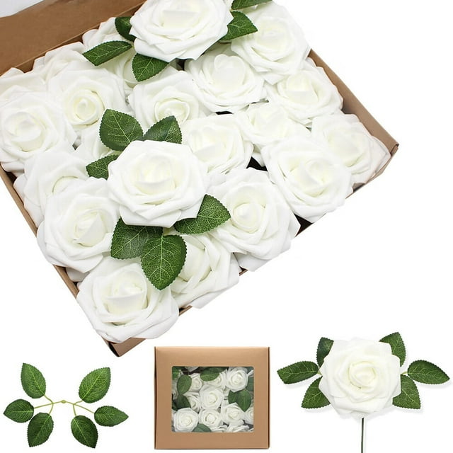 OUNAMIO Artificial Flower White Rose, 25pcs Real Looking Fake Roses w ...