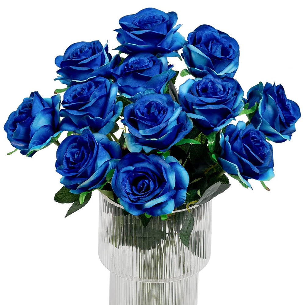 OUNAMIO Artificial Flowers Blue Roses 10pcs, Real Looking Fake DIY ...