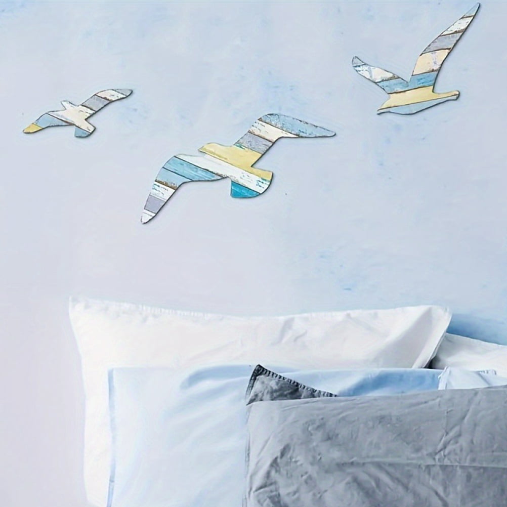 OUNONA 3pcs Wooden Seagull Wall Art Mediterranean Style Wall Plaques ...