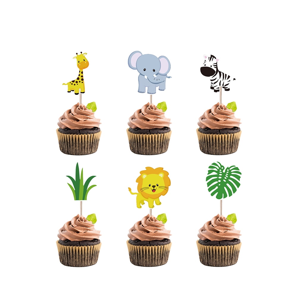 OUNONA 42pcs Animal Theme Cake Toppers Elephant Lion Paper Cake Picks ...
