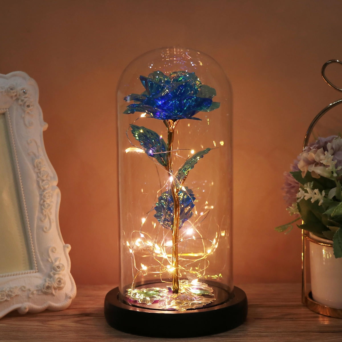 OUNONA Blue Glass Dome LED Rose Lamp with Romantic Light for Decor ...