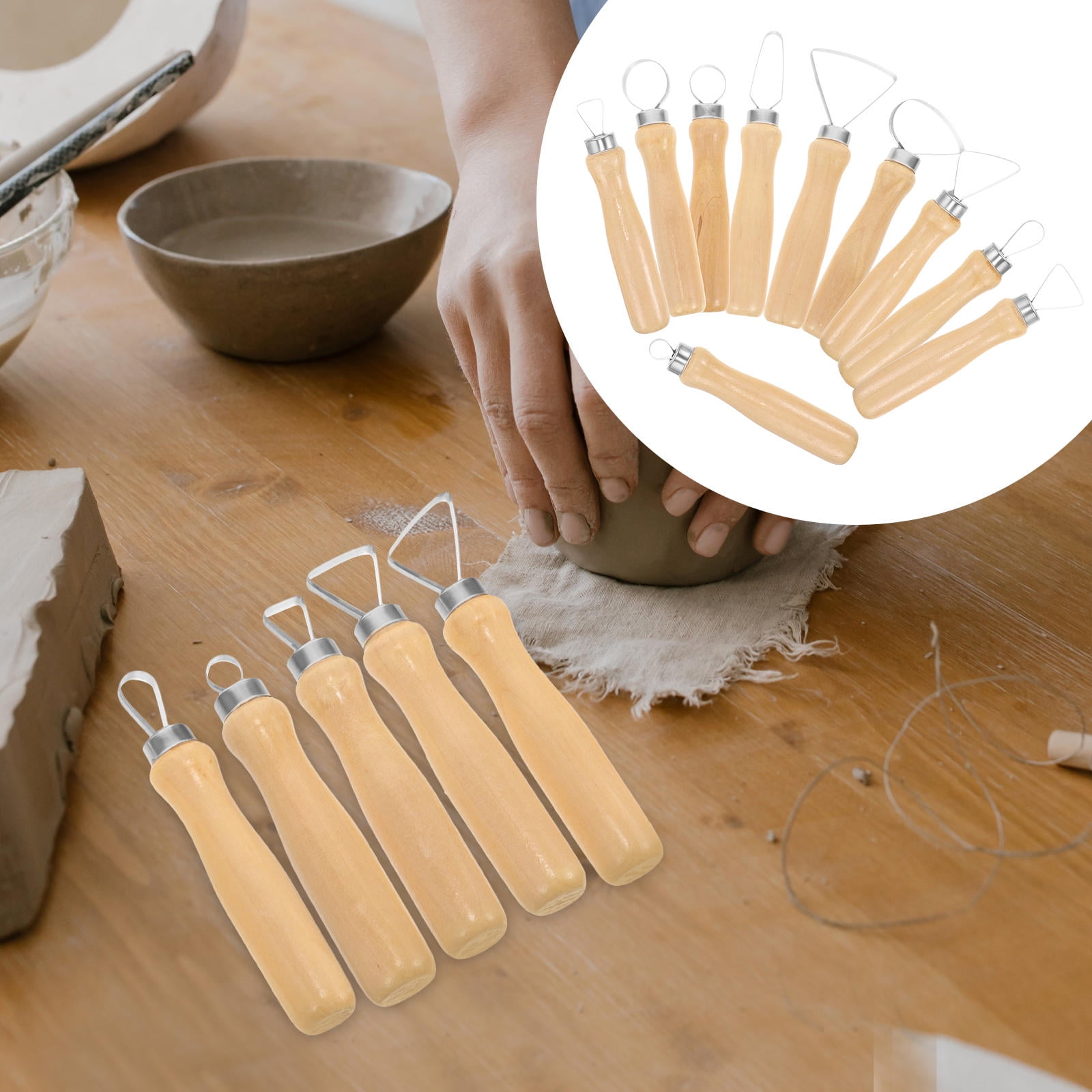 OUNONA Clay Modeling Tools for DIY Use Khaki Wood and Metal Clay Sculpting Tools Set 10Pcs ...