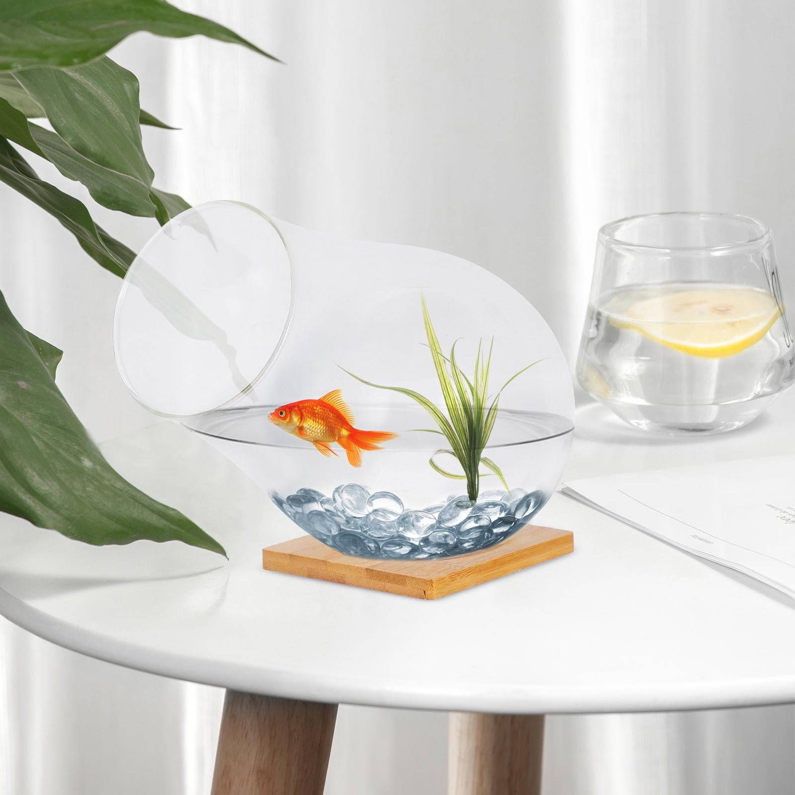 OUNONA Clear Glass Terrarium Bowl with Bamboo Tray for Storage Set of 1 ...