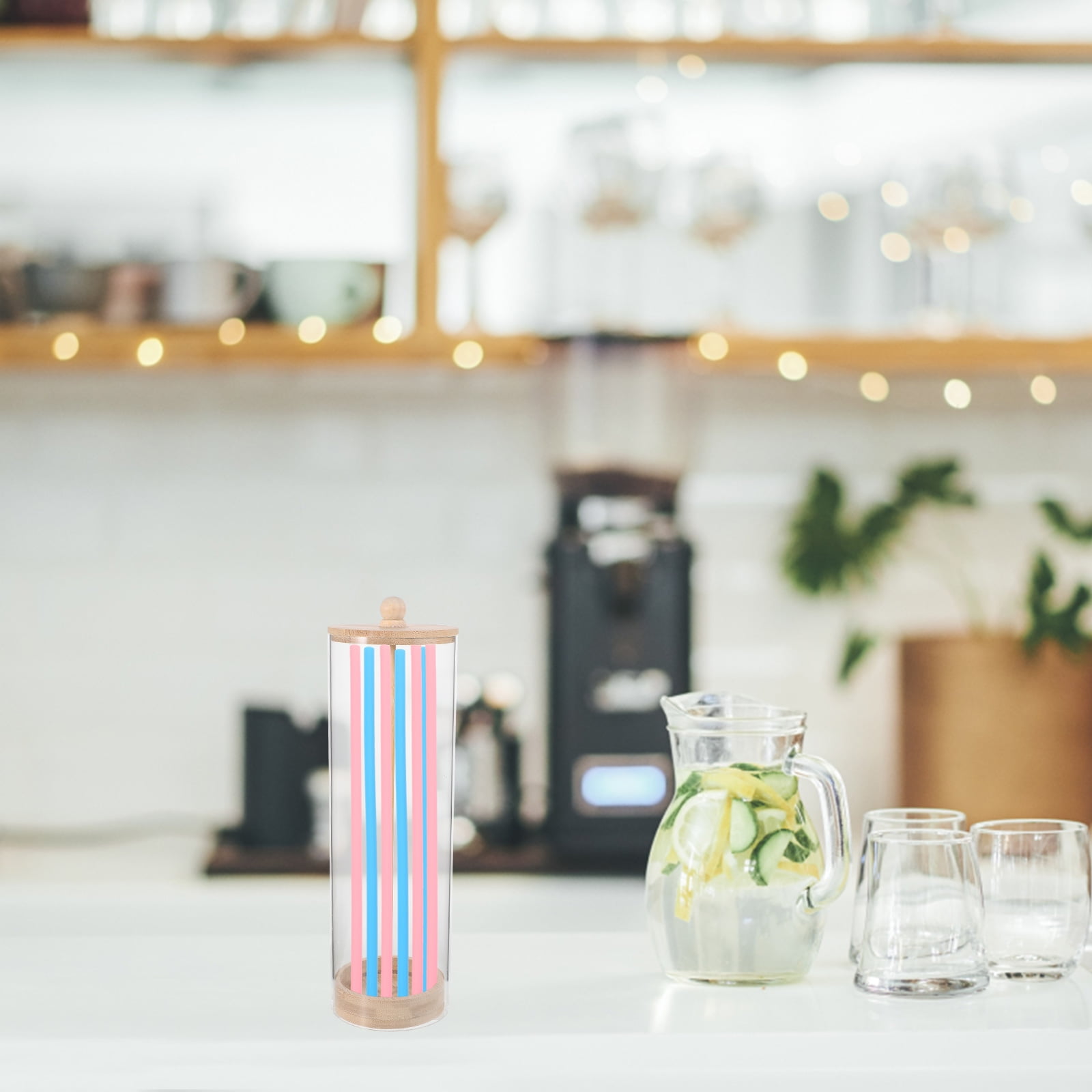 OUNONA Clear Straw Dispenser with Wood Lid Transparent Straw Holder for ...