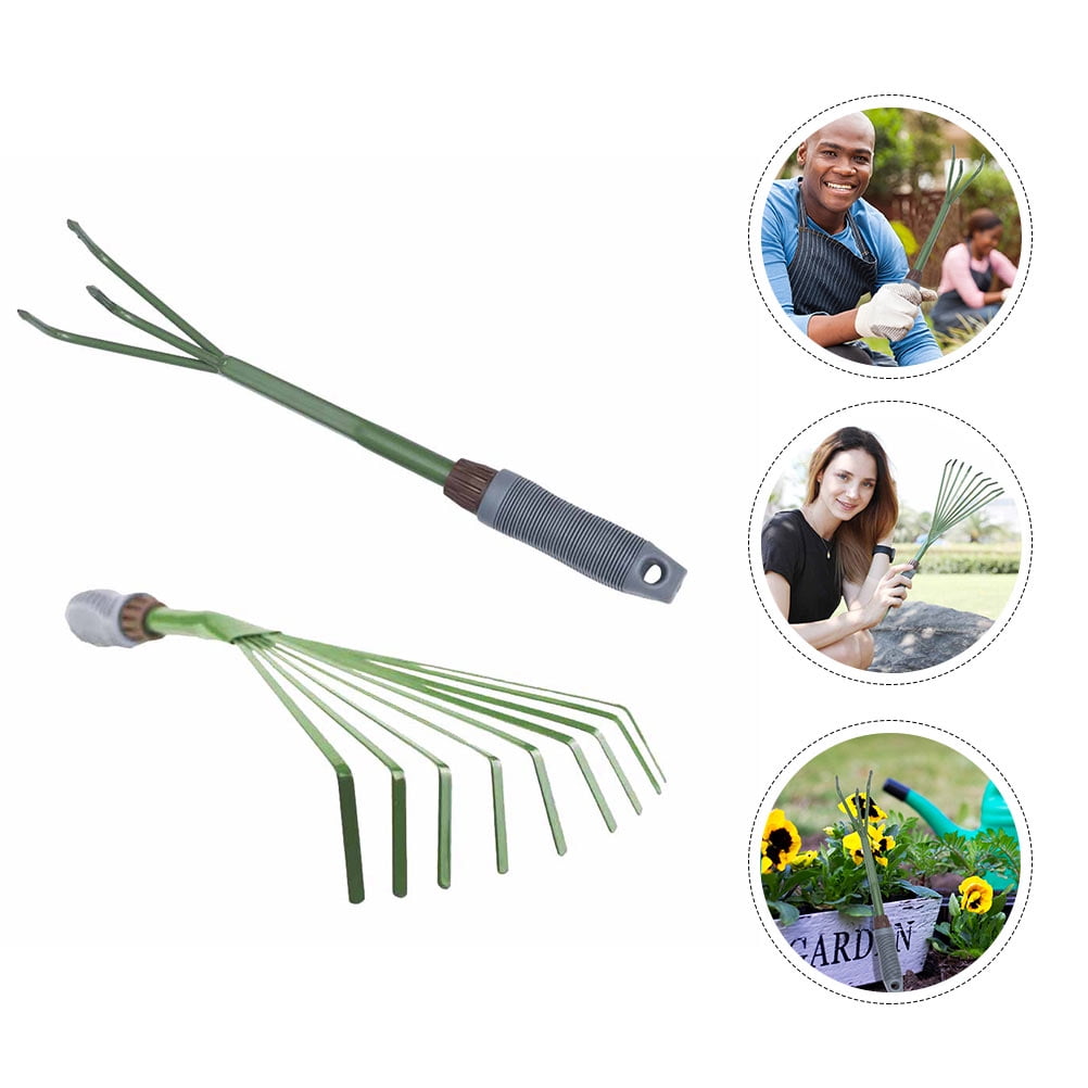 OUNONA Dark Green Iron Garden Rake and Hand Cultivator Set Lightweight ...