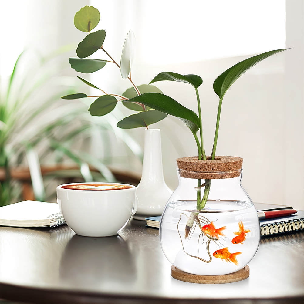 OUNONA Desktop Fish Bowl Small Fish Tank With Wood Lid Glass Fish Bowl ...