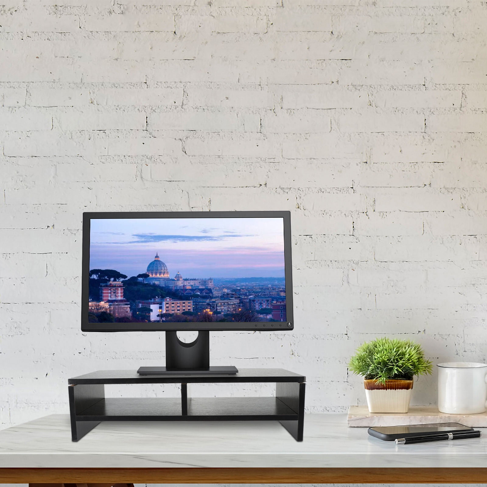 OUNONA Double Layer Monitor Stand for Computer with Wood Finish Black ...