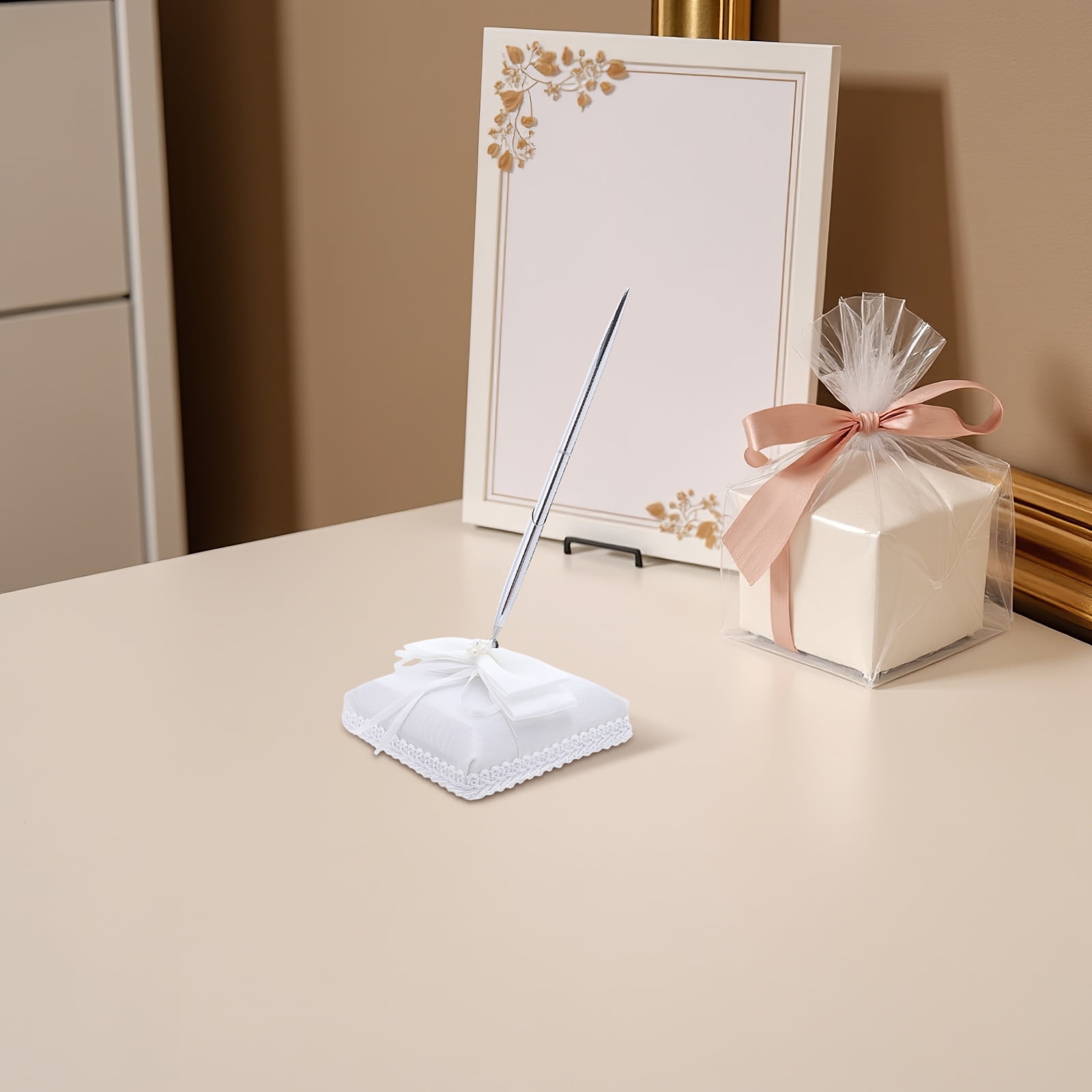 OUNONA White Metal Wedding Signing Pen with Fabric Bow Holder for ...