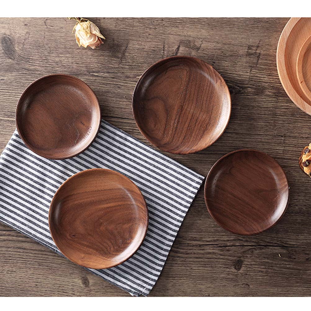 OUNONA Japanese Style Round Black Walnut Wood Serving Plate Eco ...