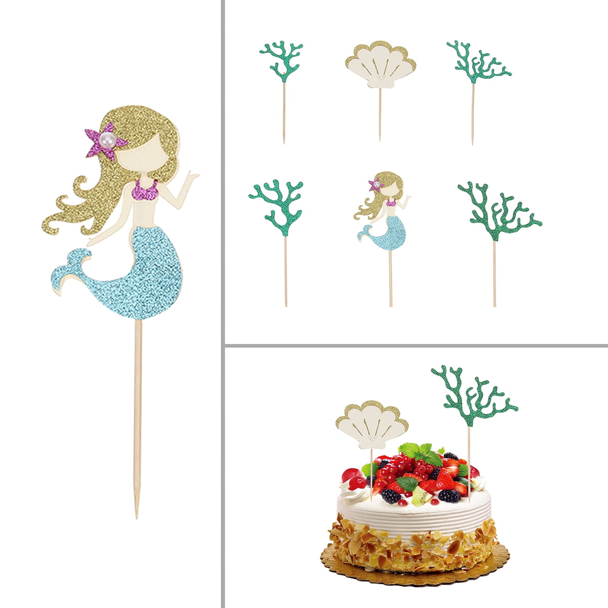 OUNONA Mermaid Shell Seaweed Cake Toppers Assorted Color Paper Ideal ...