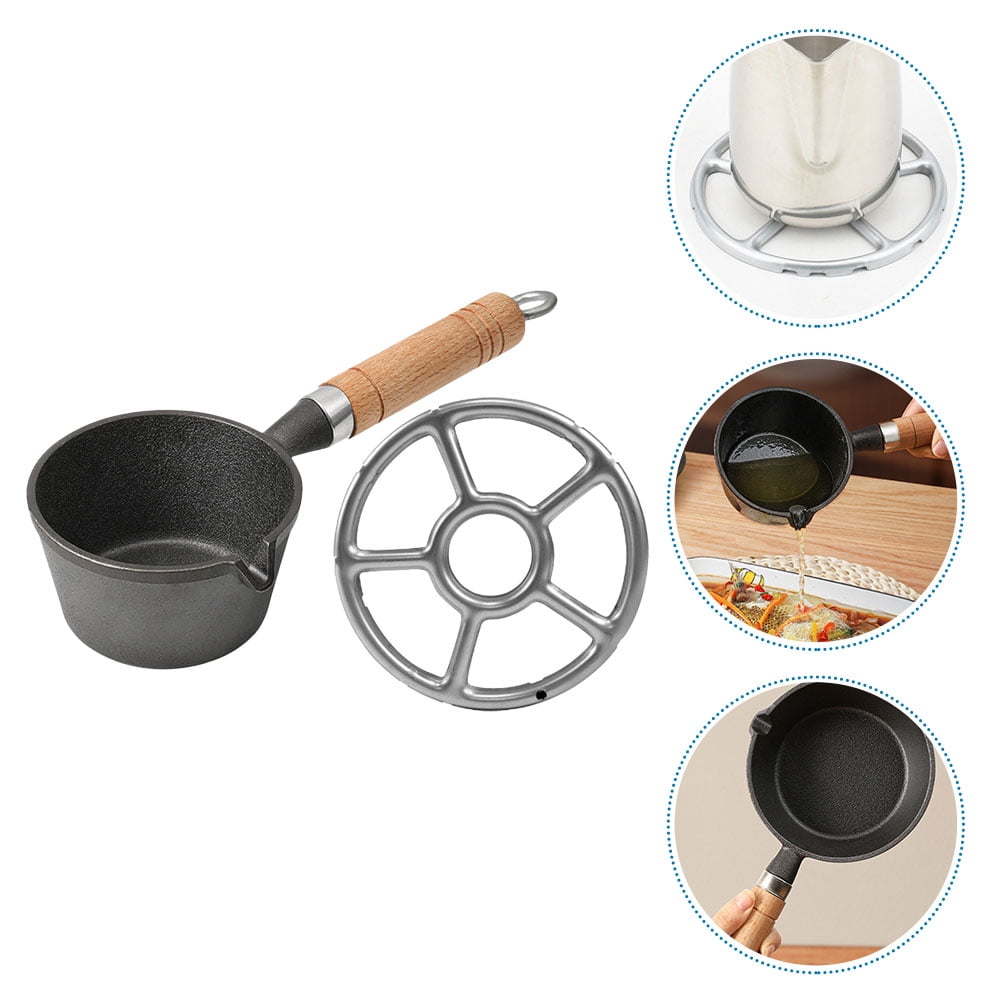 OUNONA Mini Hot Oil Pan Cast Iron Sauce Pan With Wood Handle For ...
