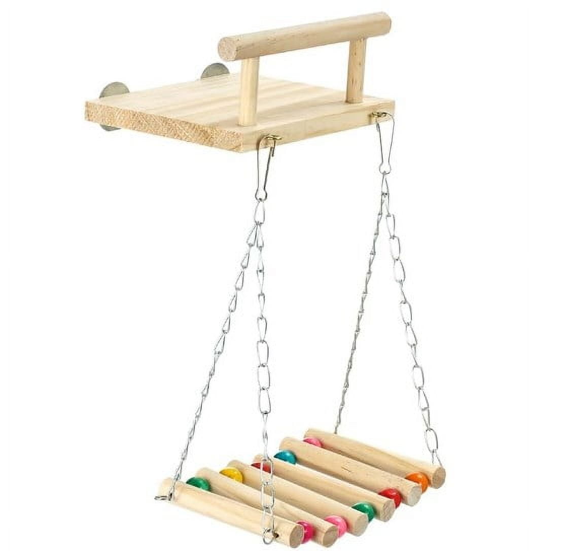 OUNONA Natural Wood Bird Perch Stand with Swing and Ladder for Parrots ...