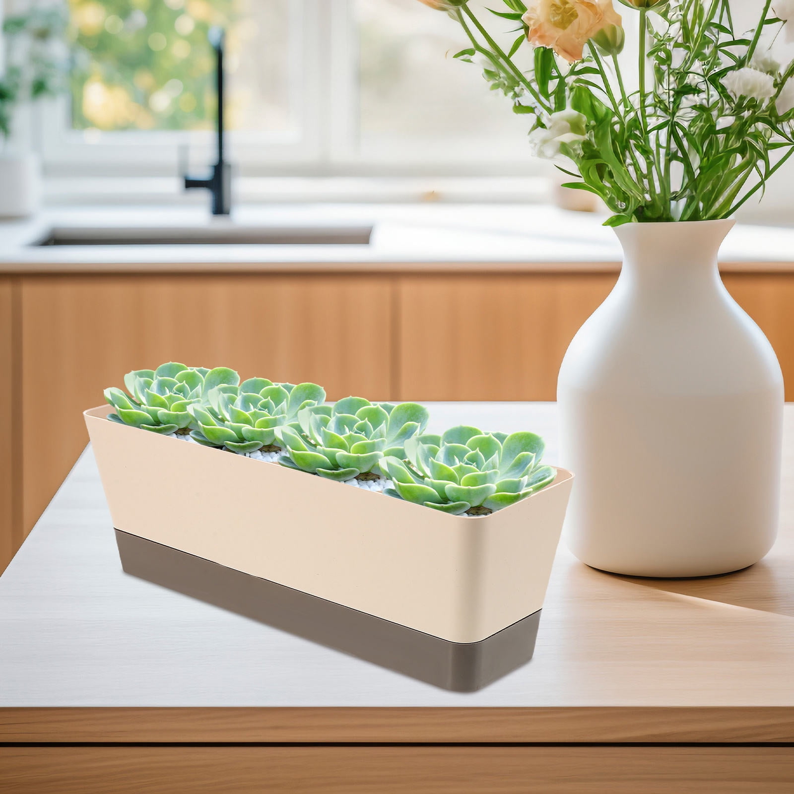 OUNONA Rectangular Flower Pot with Tray Plastic Plant Containers ...