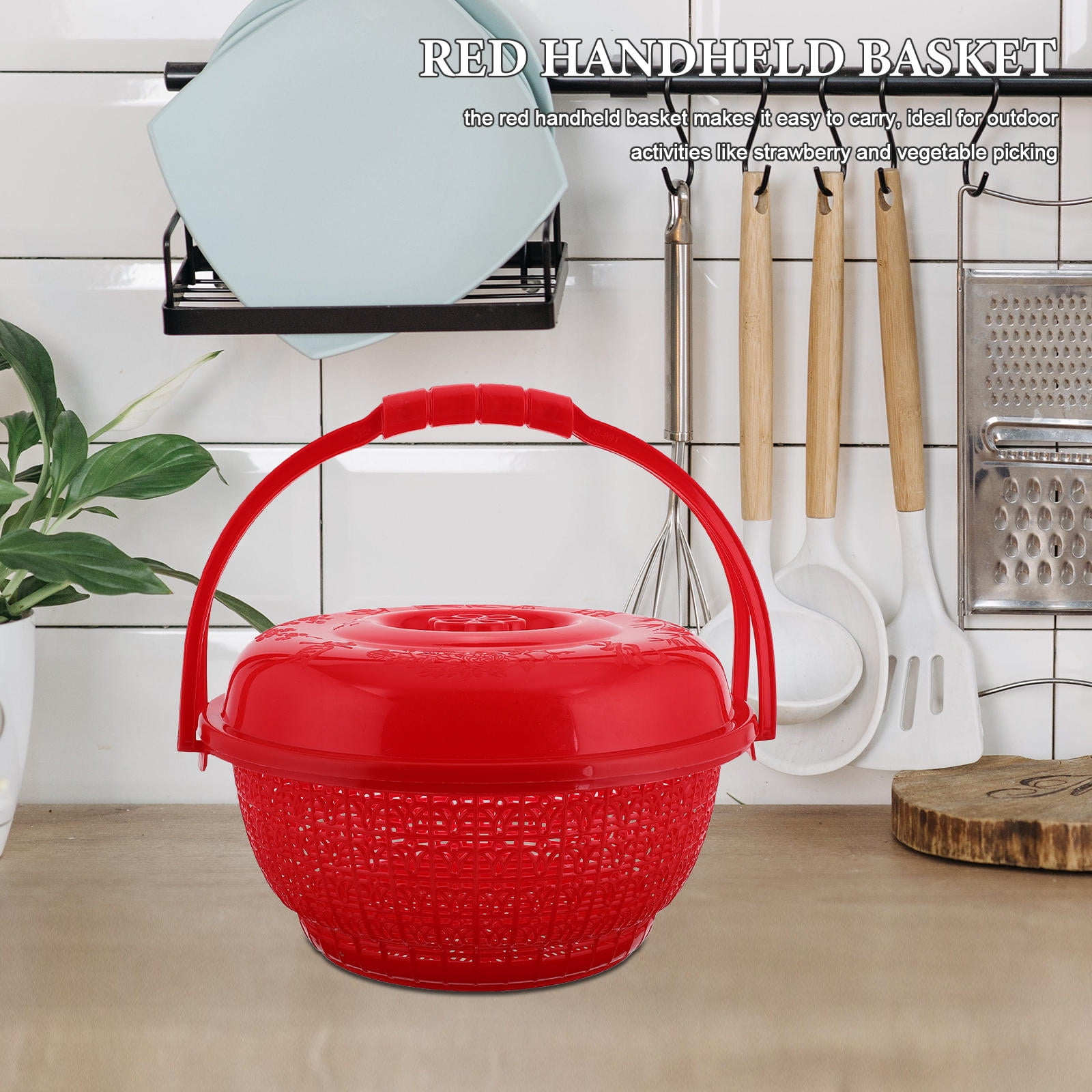 OUNONA Red Round Plastic Basket for Fruit Storage and Outdoor Picking 1 ...