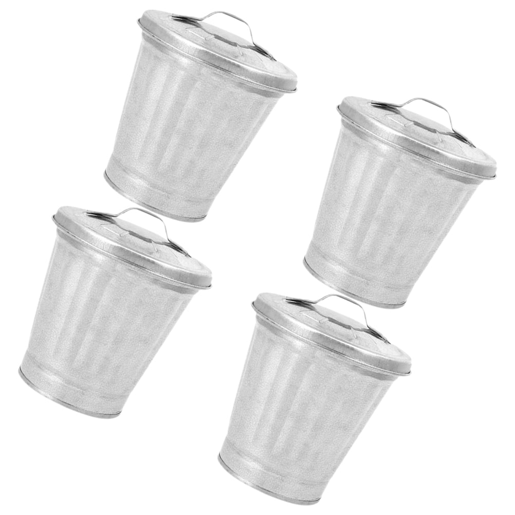 OUNONA Silver Galvanized Iron Mini Trash Can with Lid for Daily Use ...