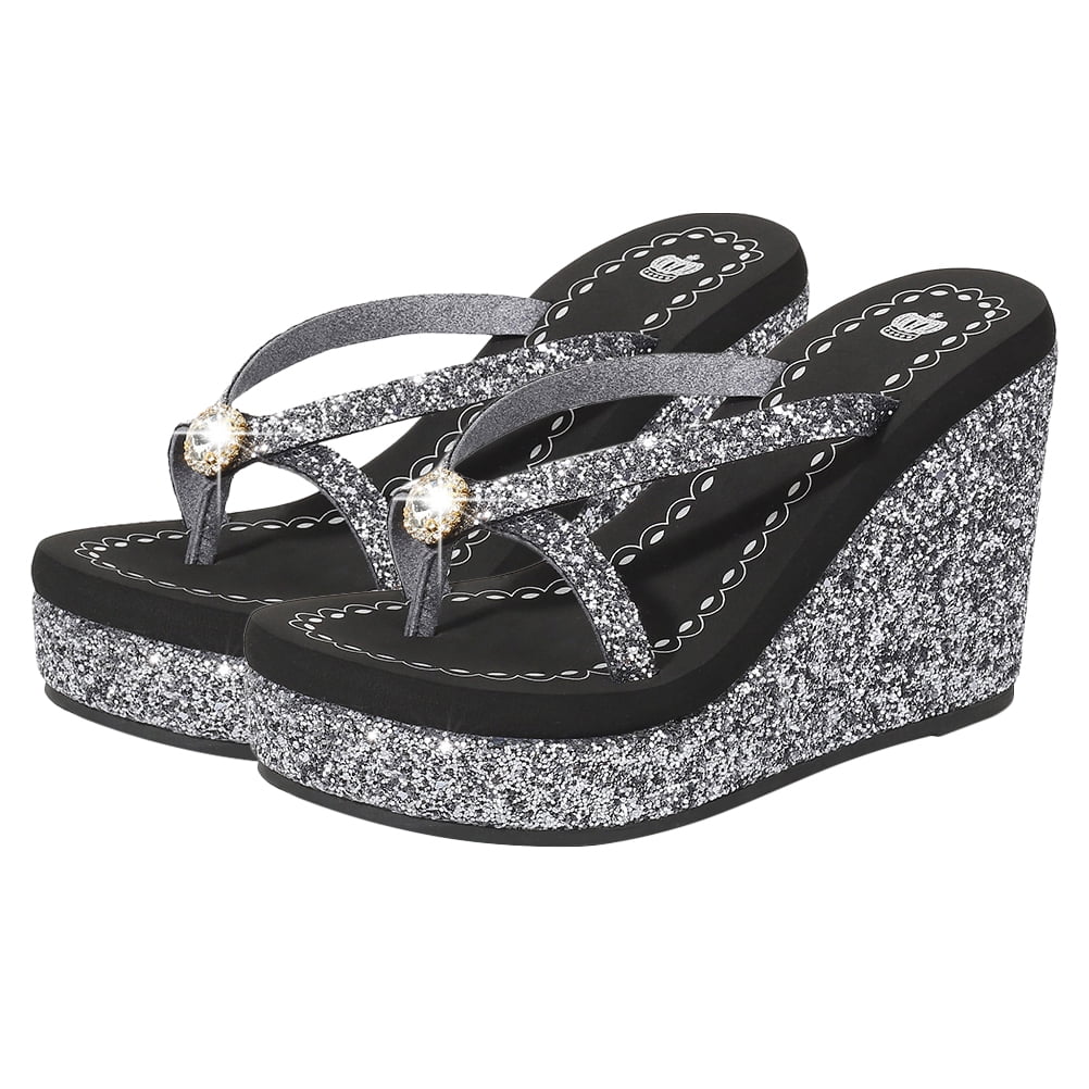 OUNONA Slippers Sandalsflop Wedge Heeledhigh Heel Flops Shiny ...