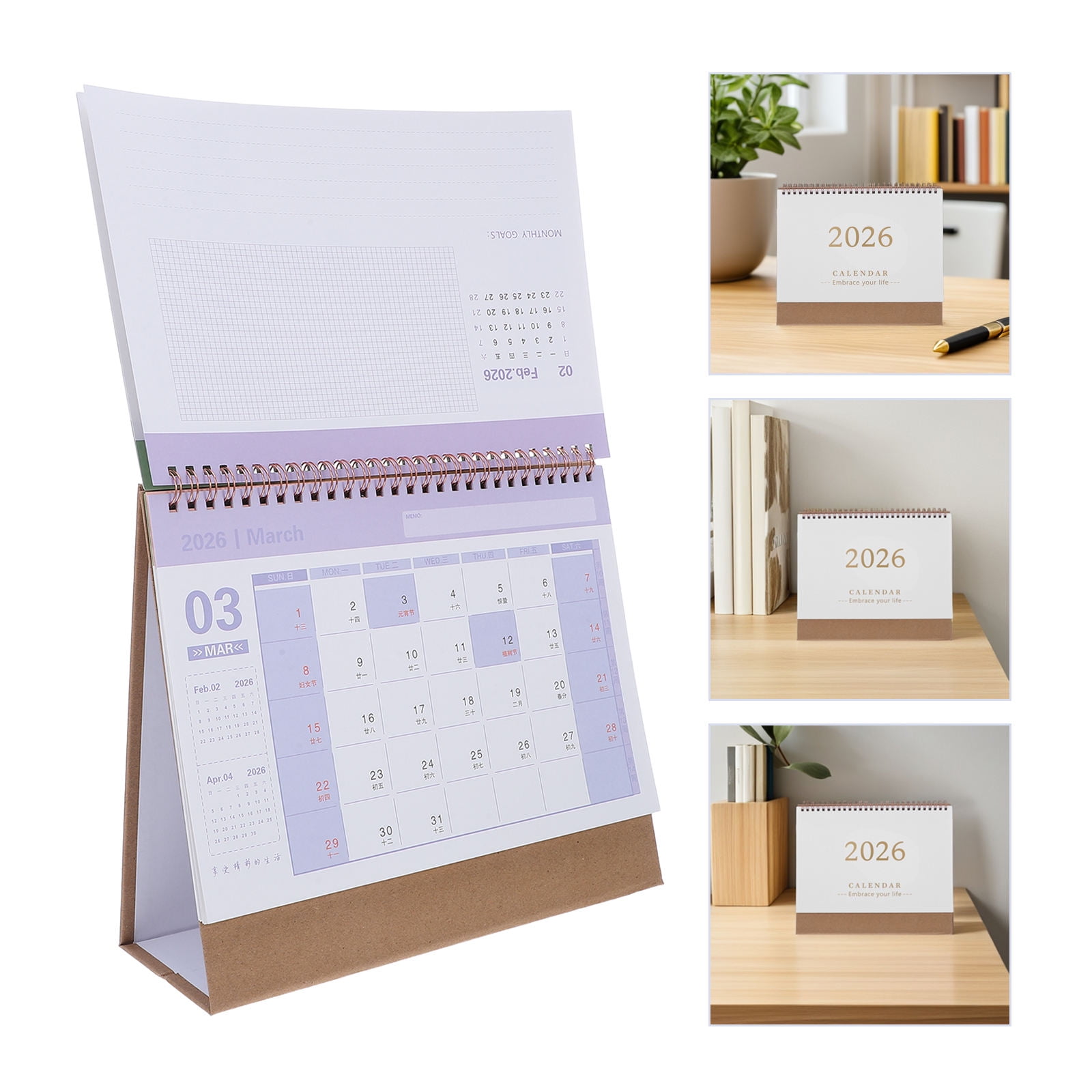 OUNONA Stand Up Calendar 2026 Coil Binding Desk Planner White Paper for ...
