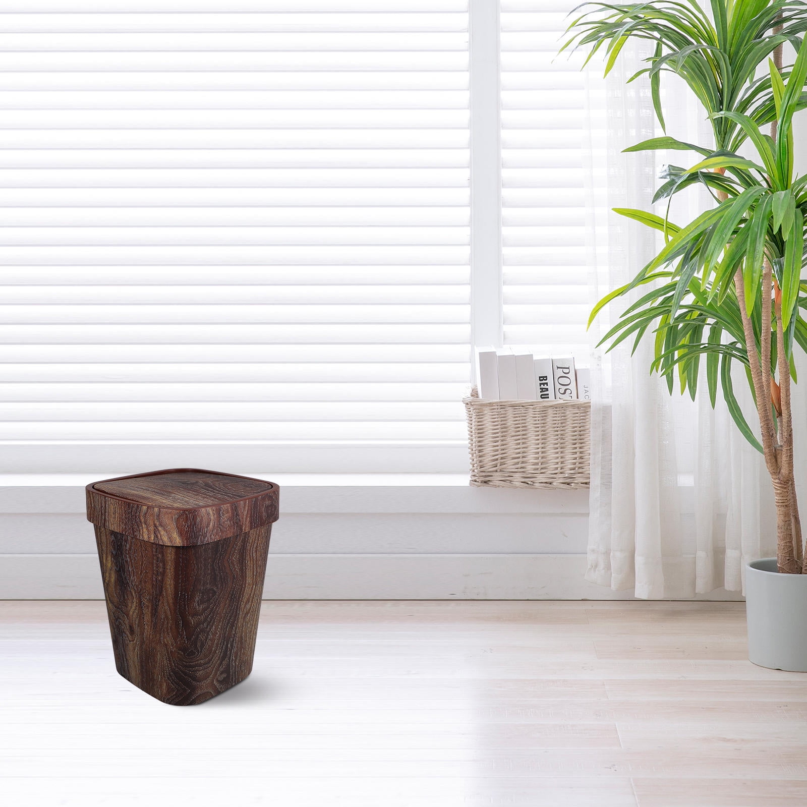 OUNONA Trash Can With With Swing Top Lid Brown Wood Grain Bathroom ...