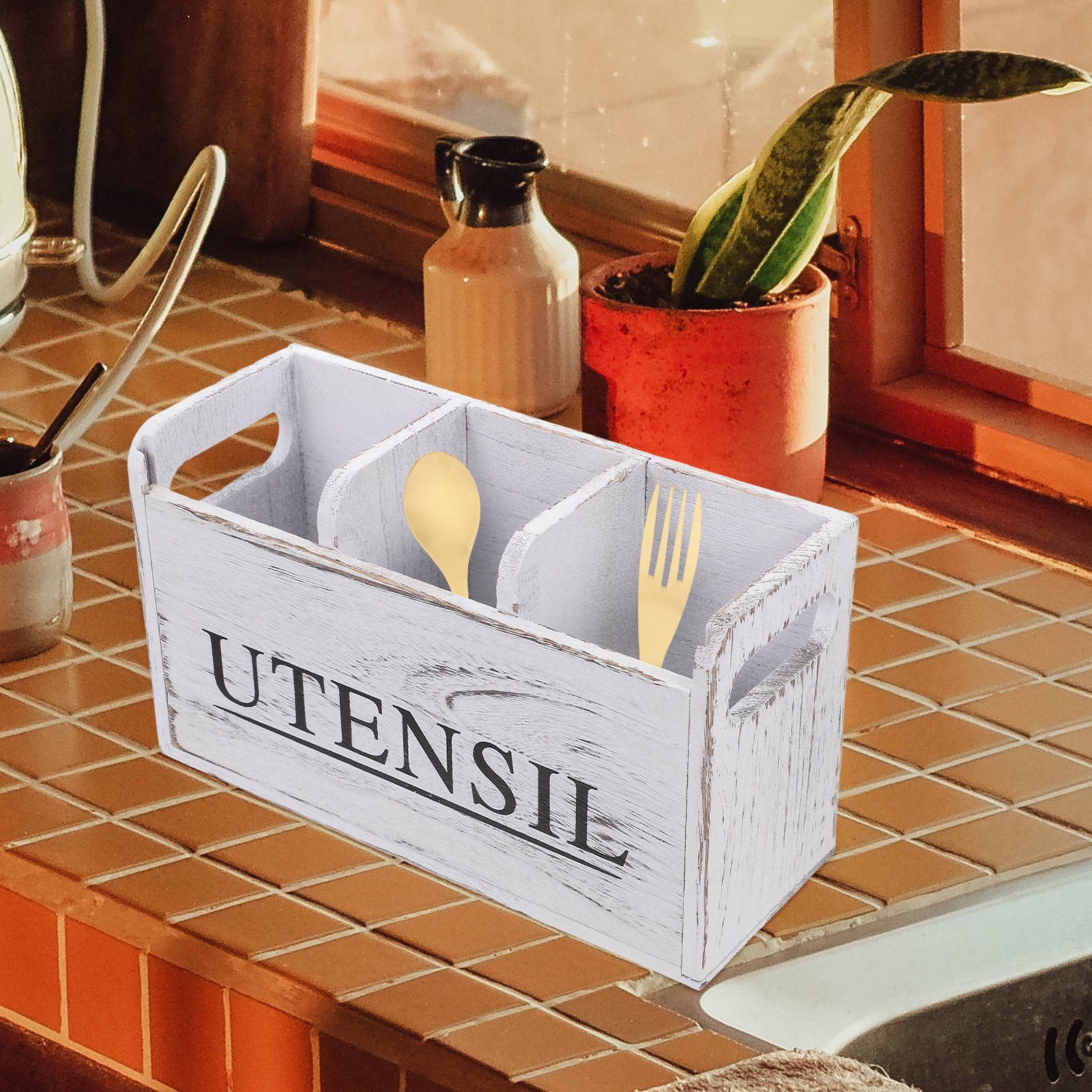 OUNONA Wood Kitchen Utensil Holder Countertop Rustic Farmhouse Cooking ...