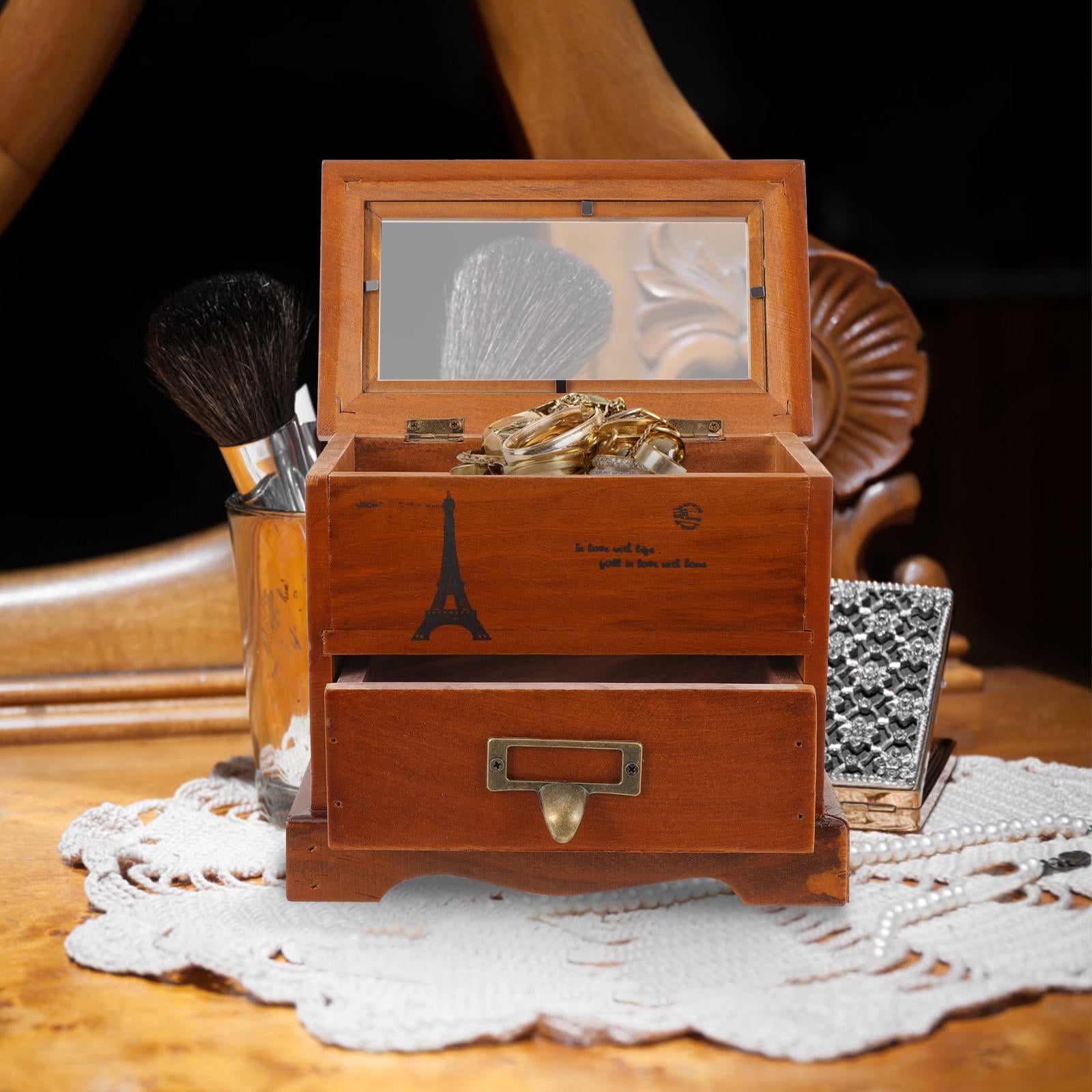 OUNONA Wooden Jewelry Organizer Drawer Style Desk Jewelry Box Wood ...