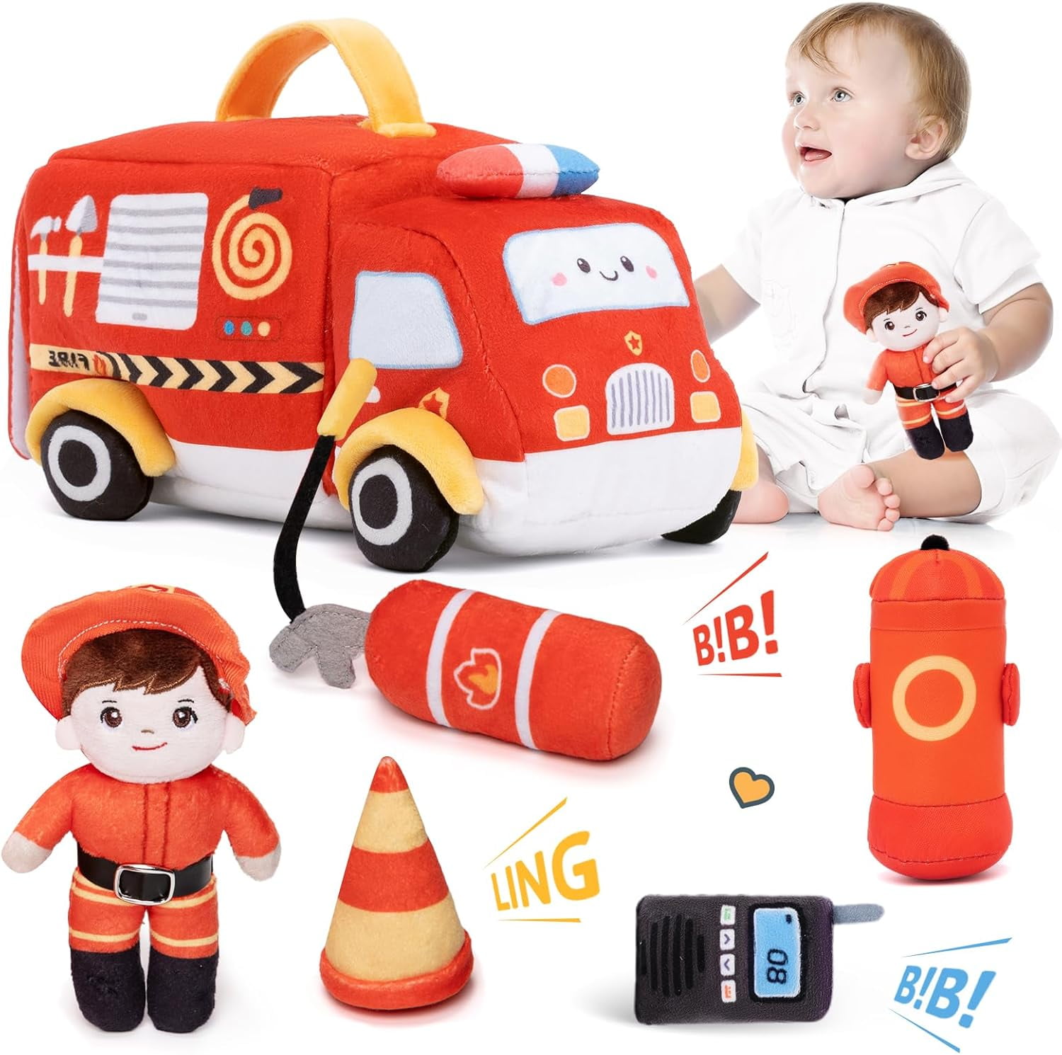 OUOZZZ Firetruck Toys for Toddlers 1-3 - Stuffed Toy Set with Baby ...