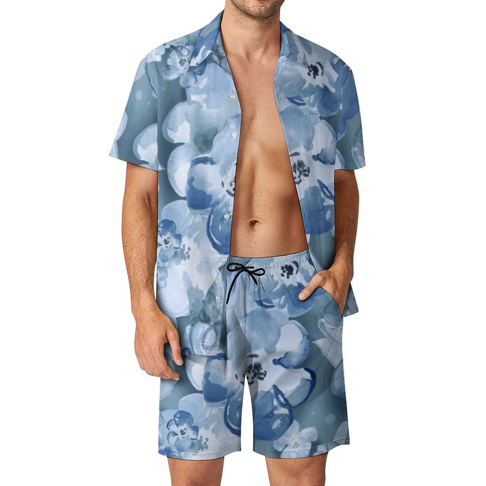 OUSIMEN Men's Hawaiian 2-Piece Short Set Floral Shirts Set Tropical ...