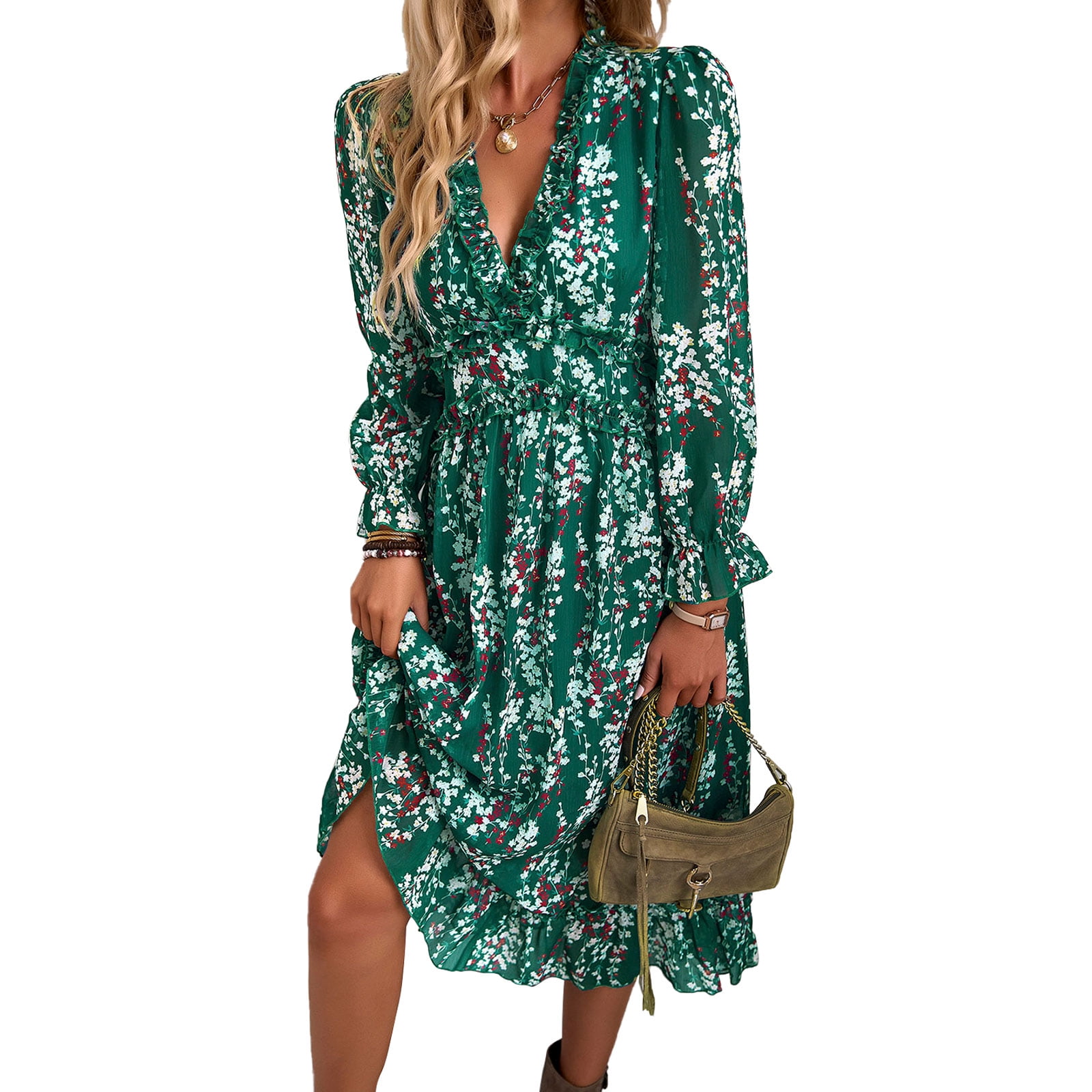 OUSIMEN Women's Casual Long Sleeve V Neck Loose Floral Dress Long ...