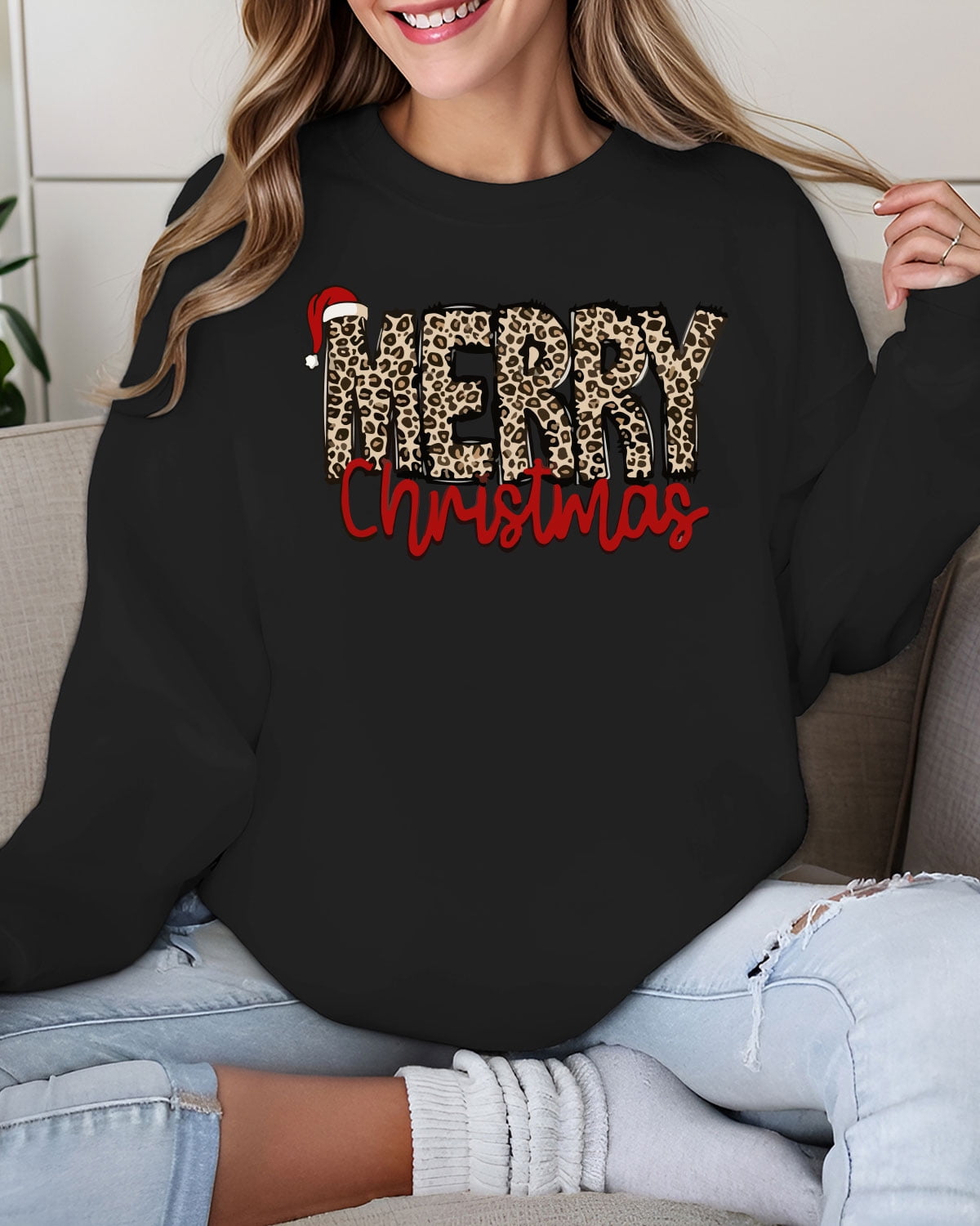 OUSIMEN Women's Fleece Crewneck Sweatshirt Thick Loose fit Soft Basic Leopard Print Word Pattern ...