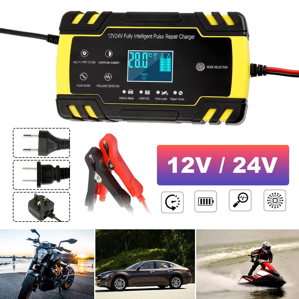 OUSITAID 12V/24V Smart Battery Charger | Pulse Repair Charger with LCD ...