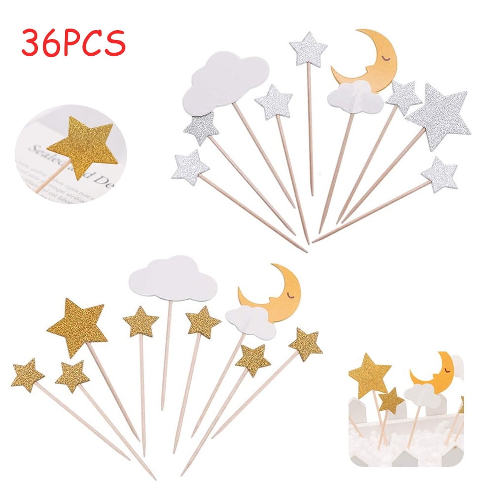 OUSITAID 36Pcs Moon Star Glitter Cupcake Toppers Gold Moon&Silver Star ...