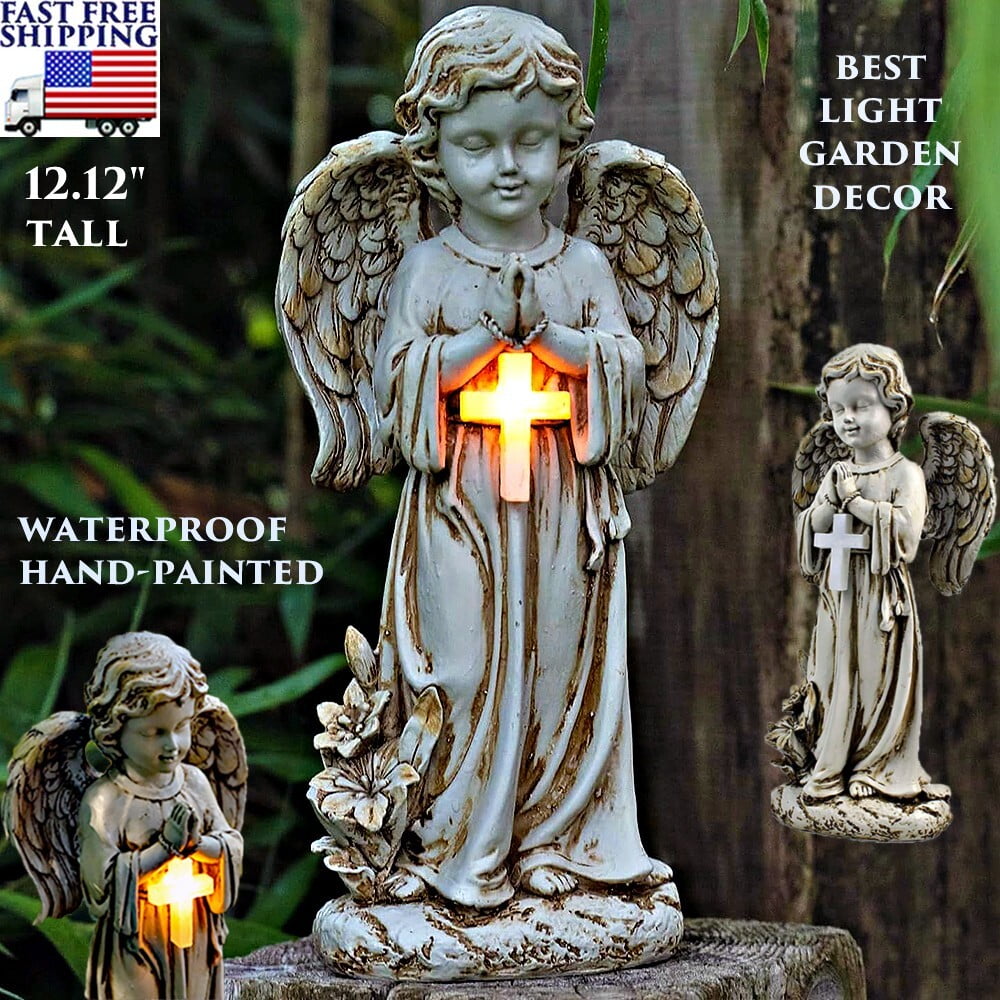 OUTDOOR ANGEL STATUE SOLAR LIGHTED GARDEN DECOR CROSS FIGURINE PORCH ...