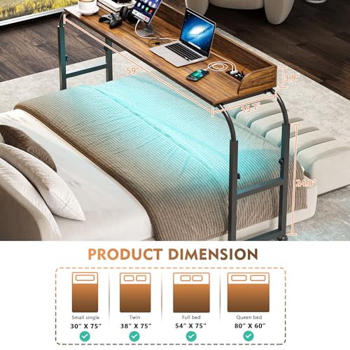 OUTDOOR DOIT 83" Overbed Table with Charging Station & 4 Wheels, Over ...