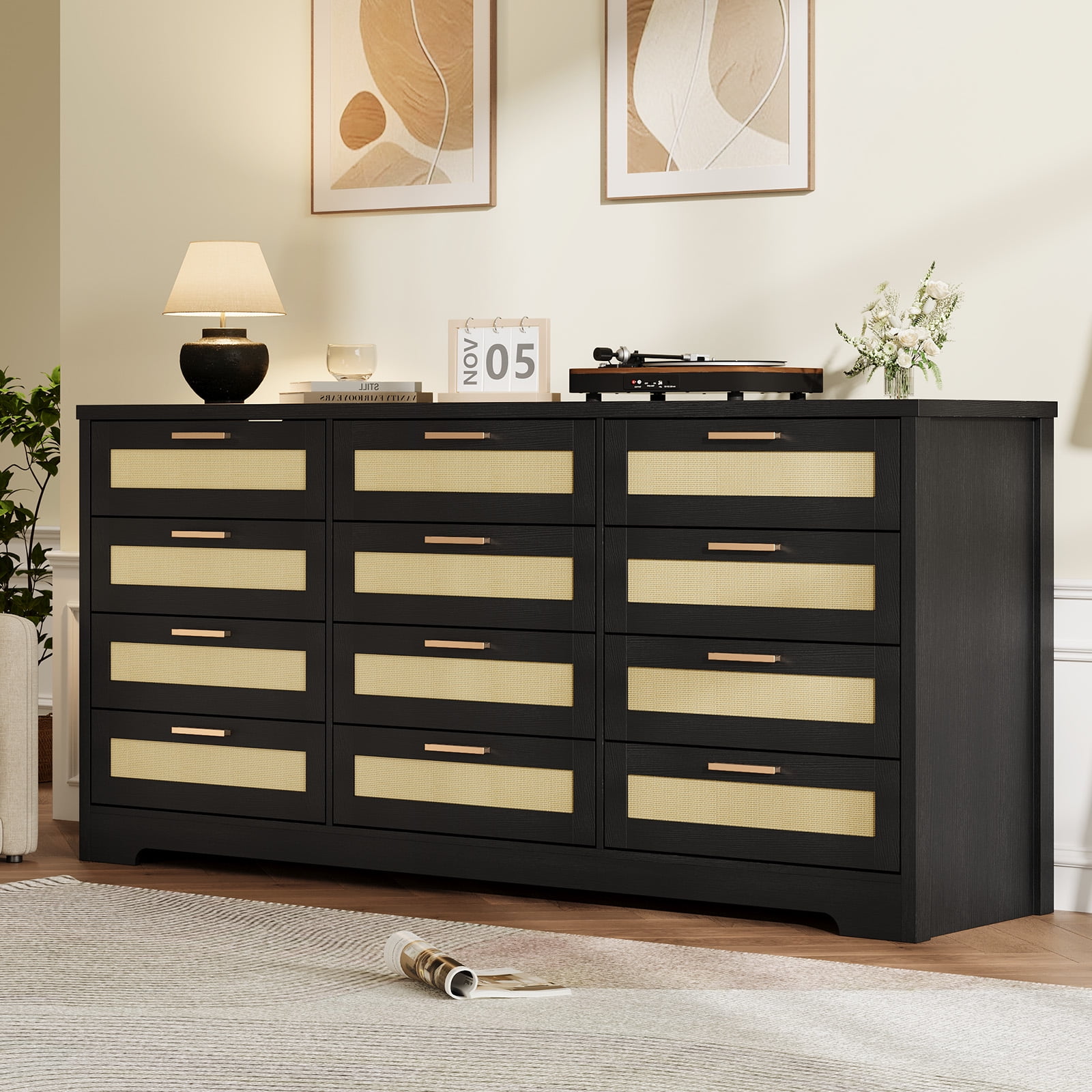 OUTGOODS 12 Drawer Dresser, Modern Farmhouse Rattan & Wood Chest, 63 ...