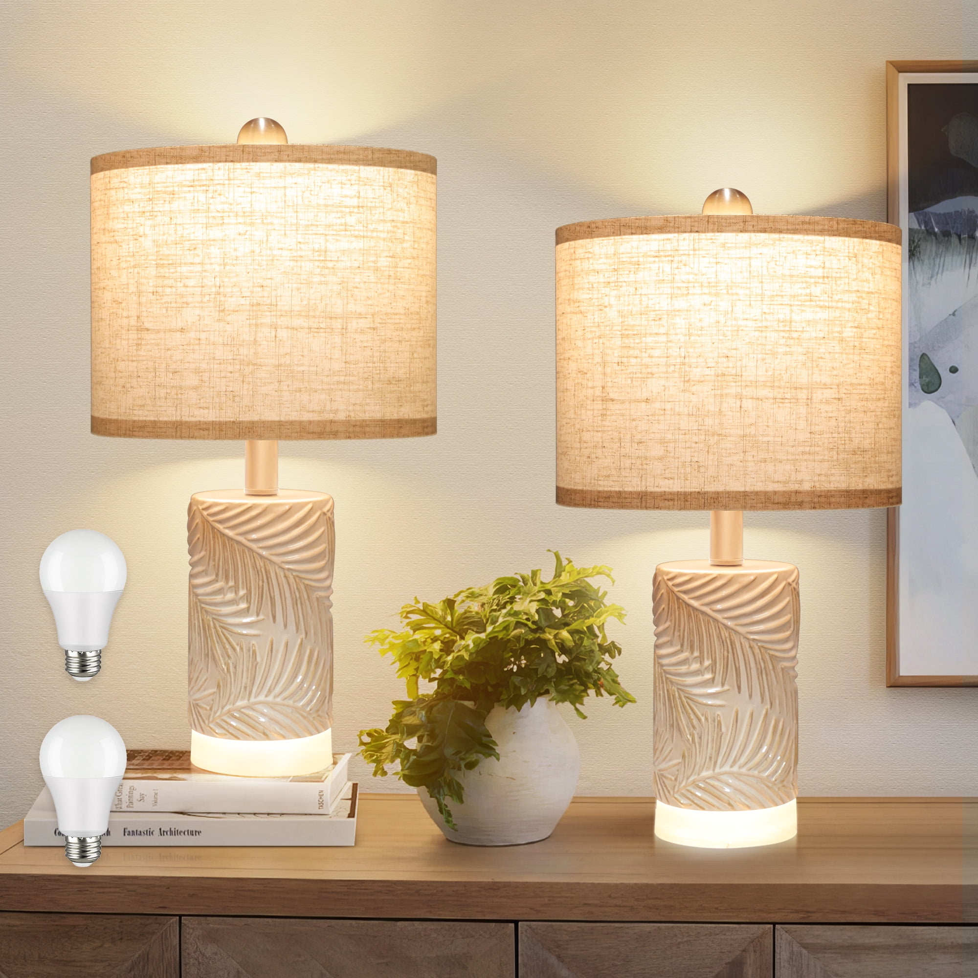 OUTON 20'' Bedside Ceramic Table Lamp Set of 2, Dimmable LED Touch Lamp ...