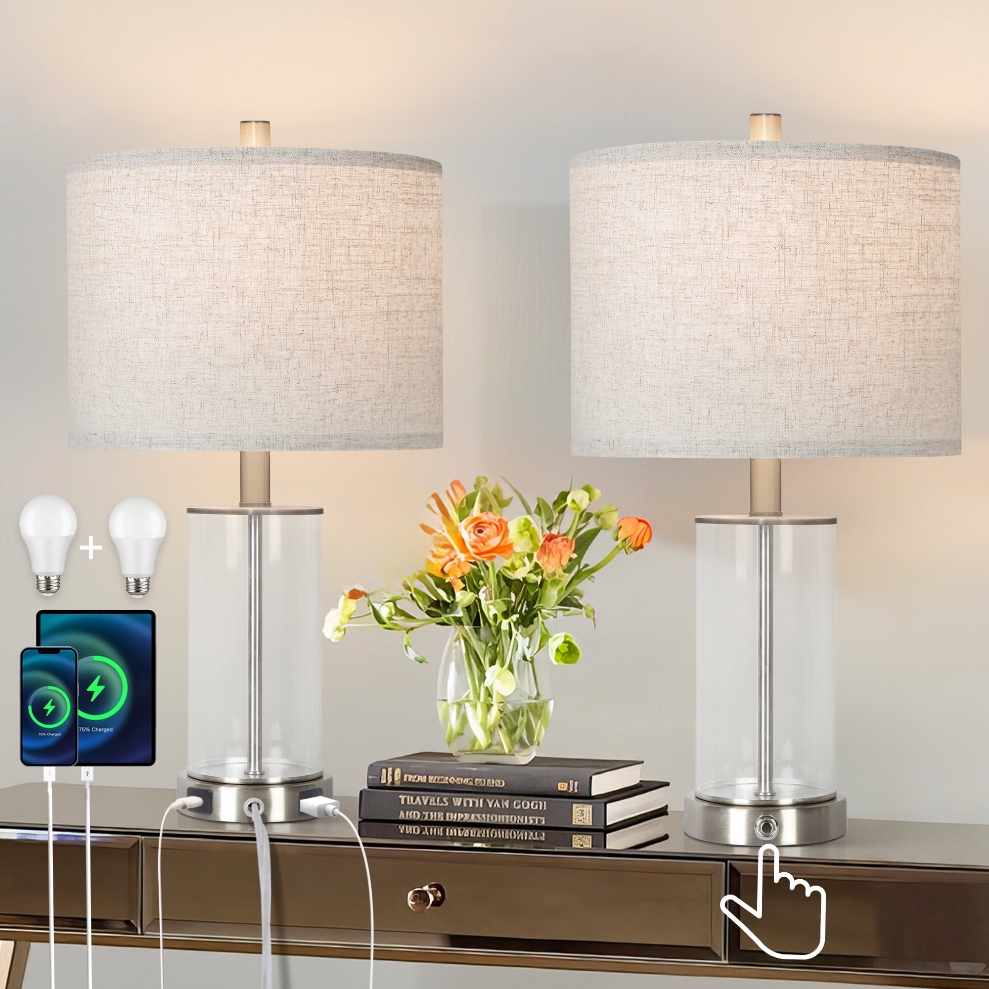 "OUTON 21.5"" Modern Glass Table Lamps Set of 2, Dimmable Touch Bedside ...