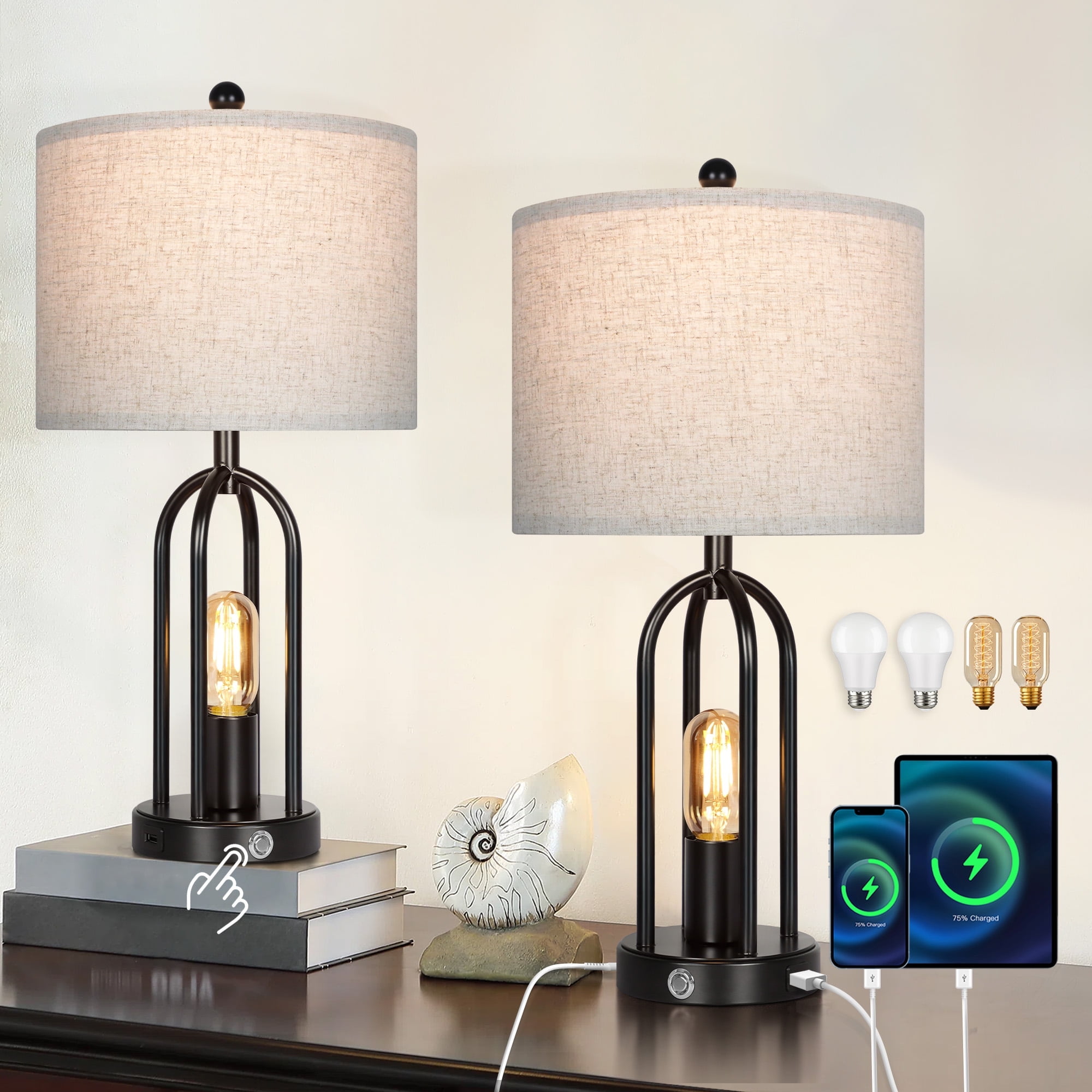 OUTON 22" USB Touch Table Lamps Set of 2, 3-Way Dimmable with Night Light, Bedside Lamp with 4 ...