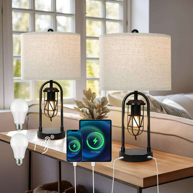 "OUTON 22"" Bedside USB Table Lamps Set of 2, Farmhouse, Dimmable with ...