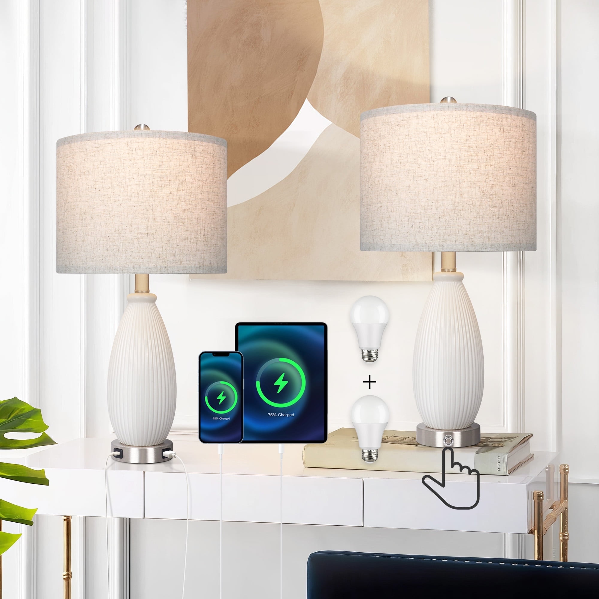 "OUTON 23.5"" Ceramic Table Lamps Set of 2, Dimmable, USB C+A Ports ...