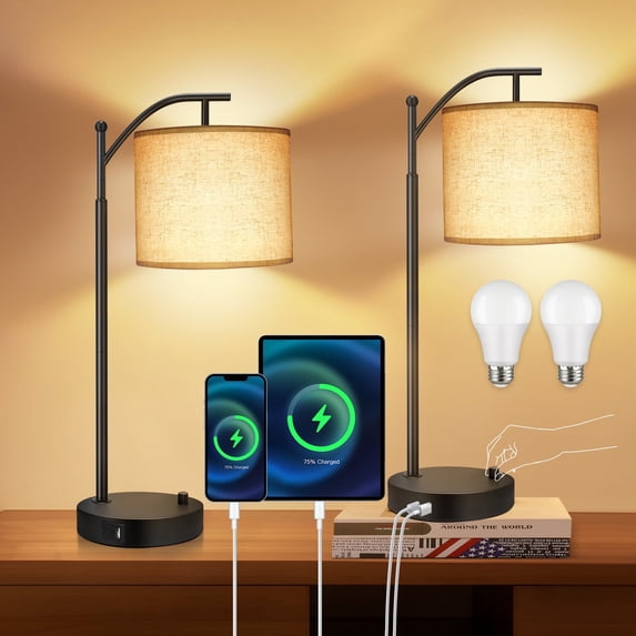 OUTON Set of 2 Dimmable Table Lamps with USB Ports, Linen Lampshade ...