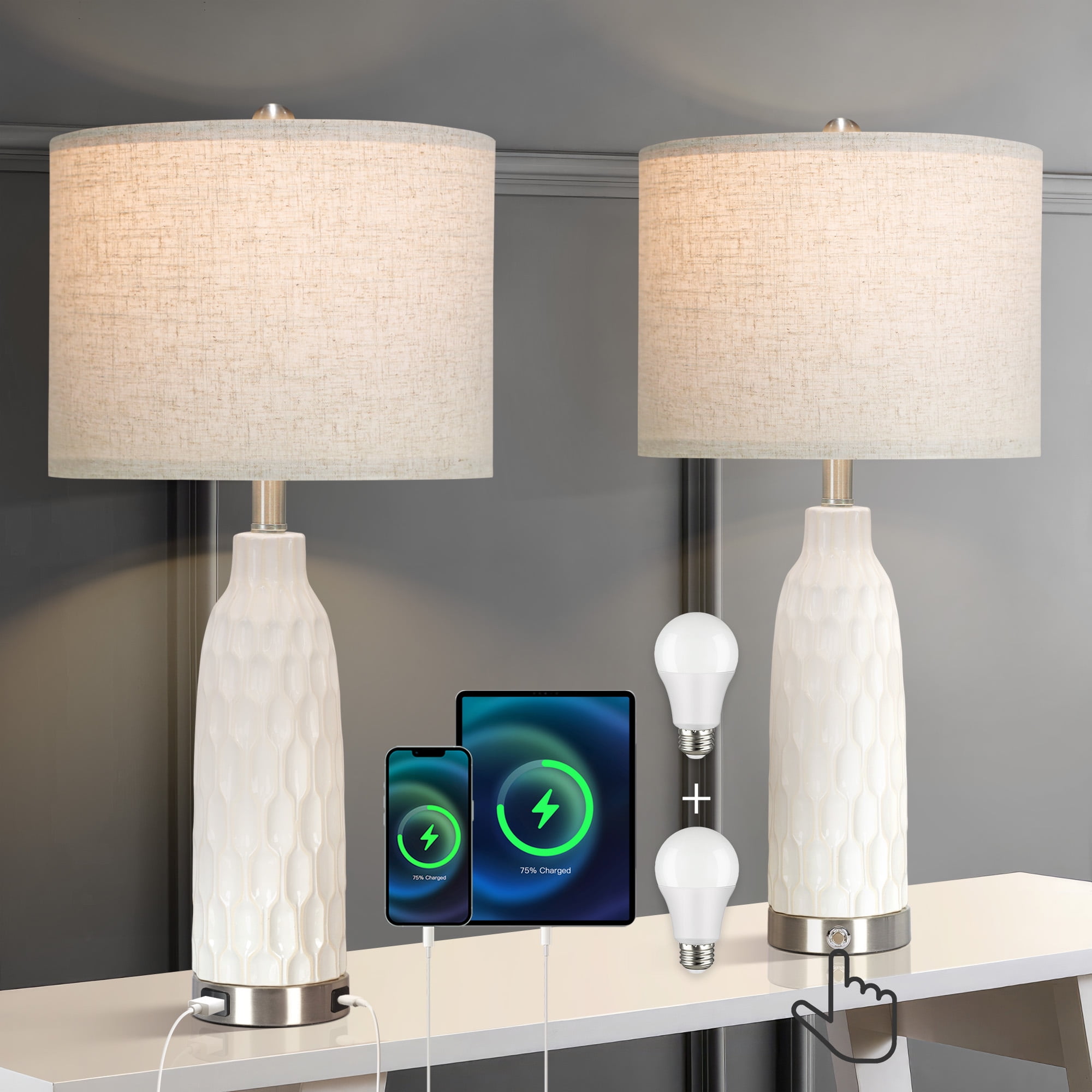 "OUTON 26"" Pair Night Stand Modern Ceramic Table Lamps for Living Room ...