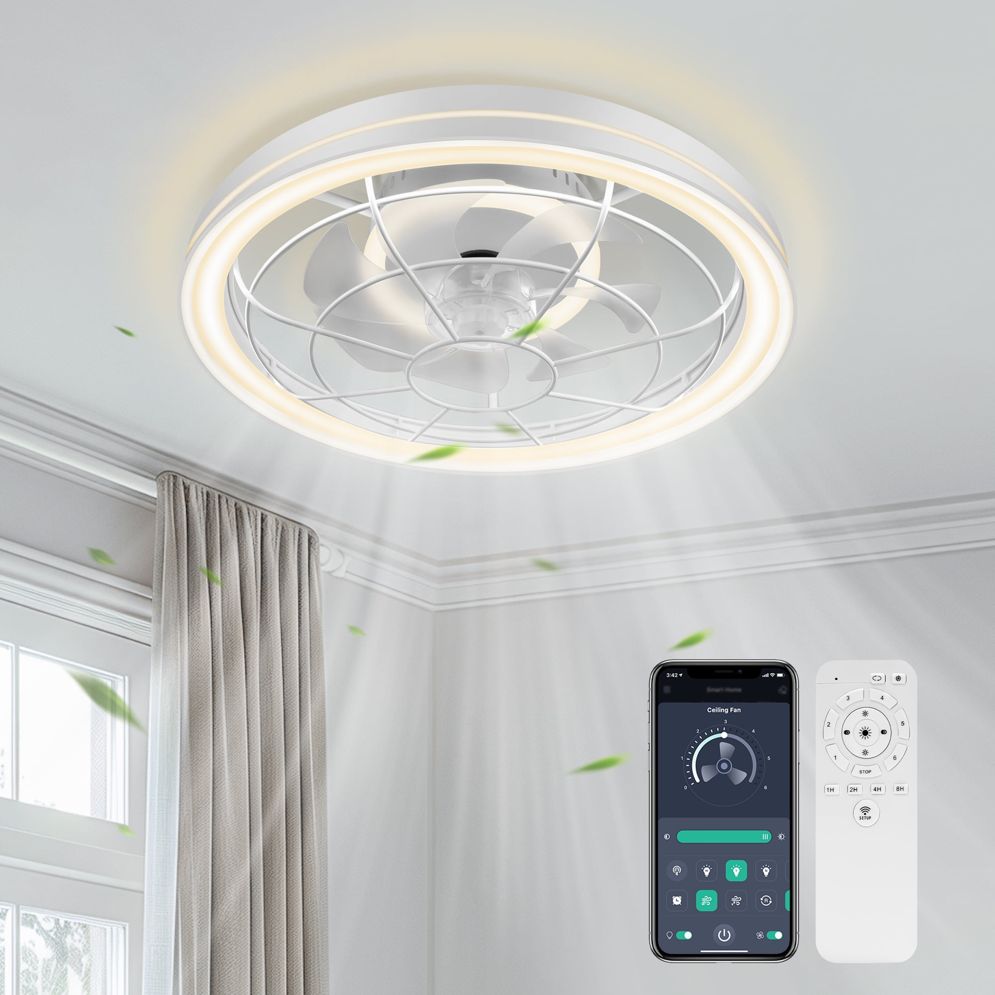 OUTON 19" LED Dimmable Ceiling Fan, Low Profile, Remote Control, 3 ...