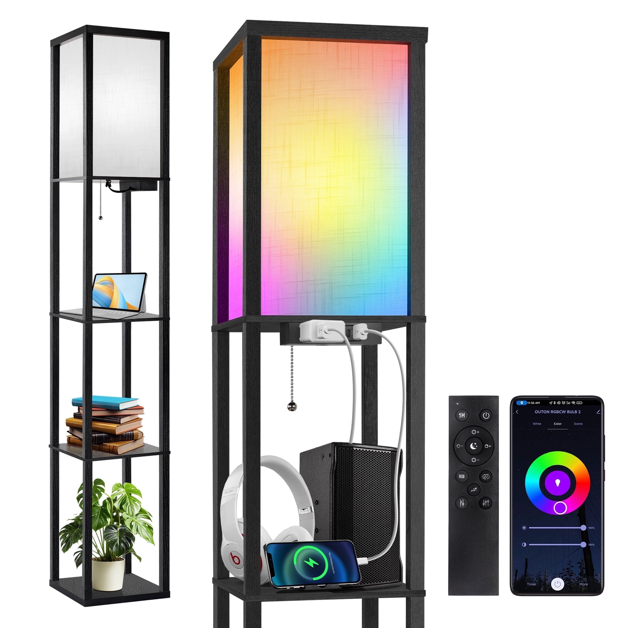 OUTON Floor Lamp with Shelves, RGB Lamp, USB Ports & Power Outlet ...